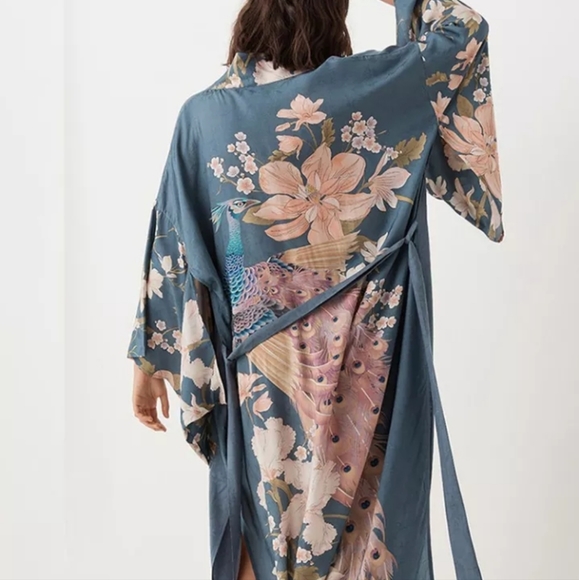 Dresses | New Vintage Floral Print Peacock Kimono Maxi Duster Jacket ...